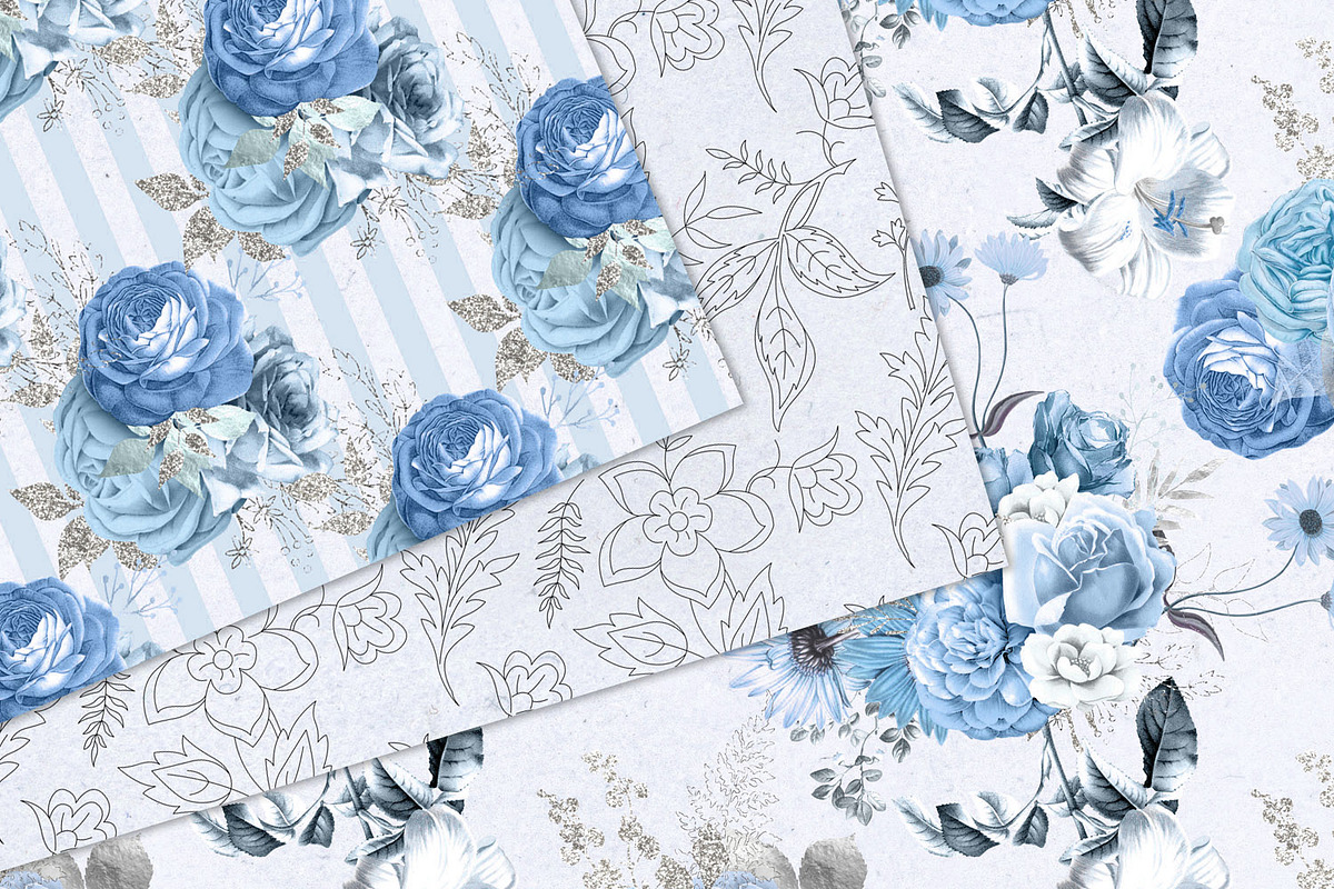 Blue Floral Digital Paper, a Pattern Graphic by Digital Curio