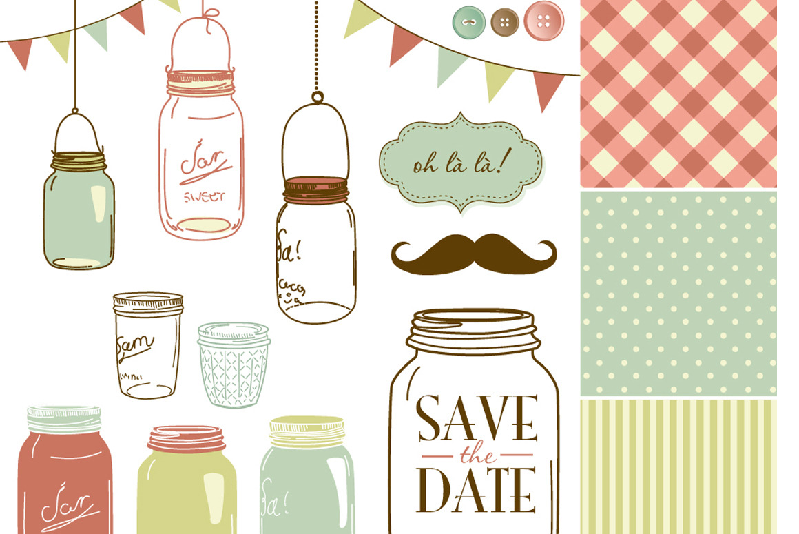 Mason Jars Clipart and digital paper, an Illustration by GraphicMarket