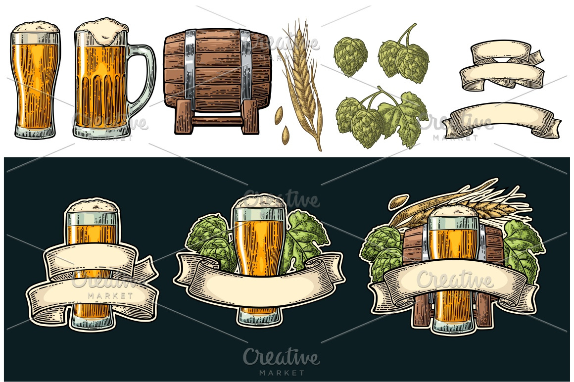 Glass beer with ribbon, barrel, a Decorative Illustration by MoreVector