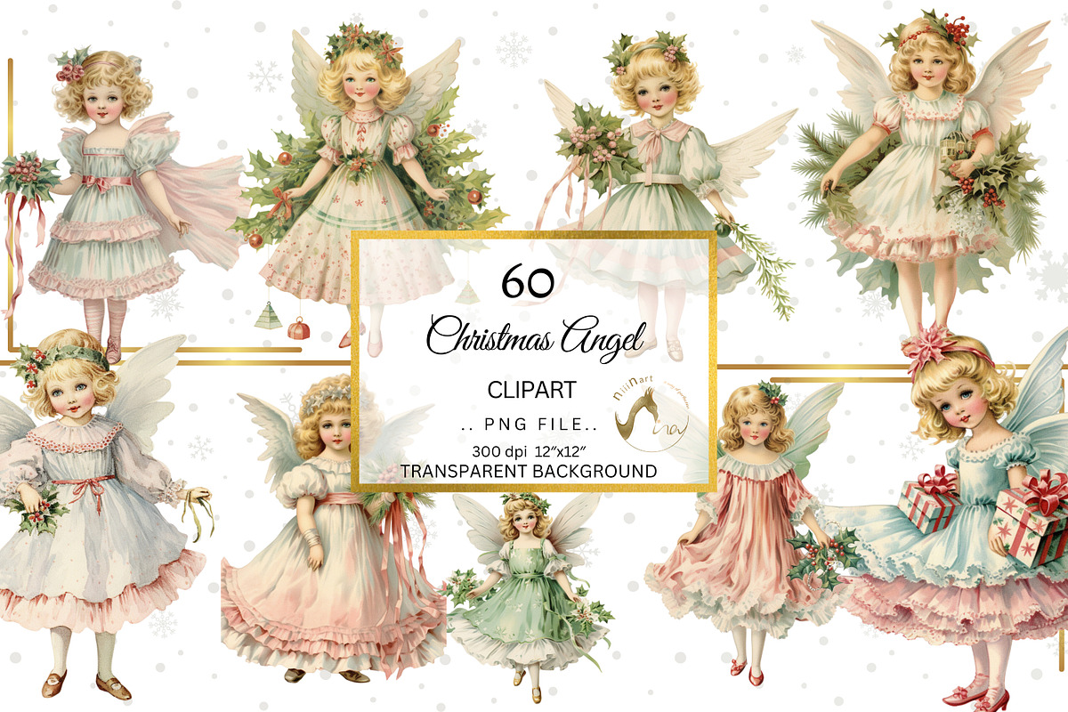 Christmas Angels Watercolor Clipart, an Illustration by NiiiNArt