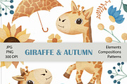 Giraffe & Autumn Watercolor clipart, an Animal Illustration by Nebbia