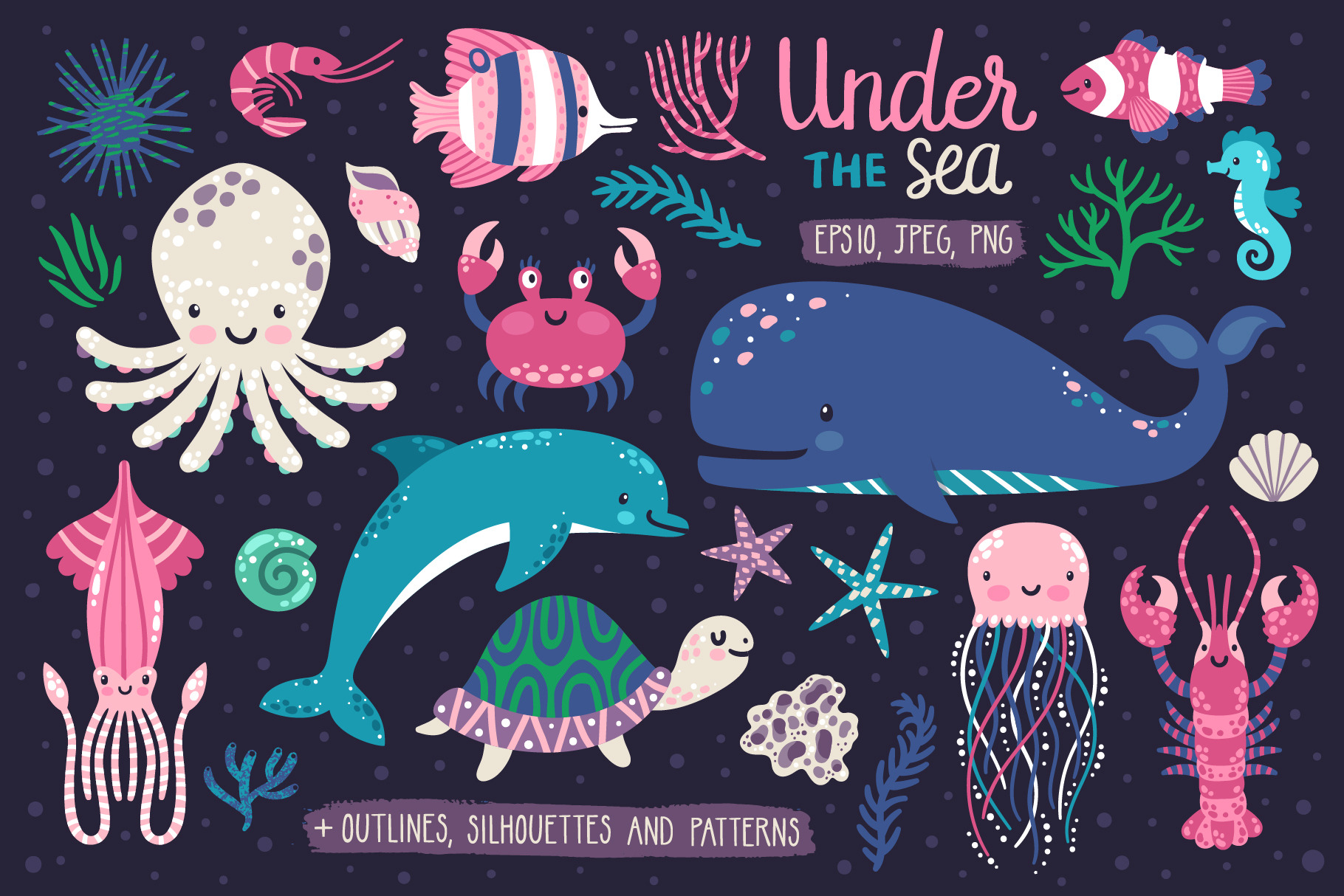 Cute sea animals and patterns, an Animal Illustration by MagicForestory