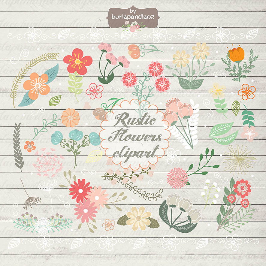 Rustic color flowers clipart, an Illustration by burlapandlace