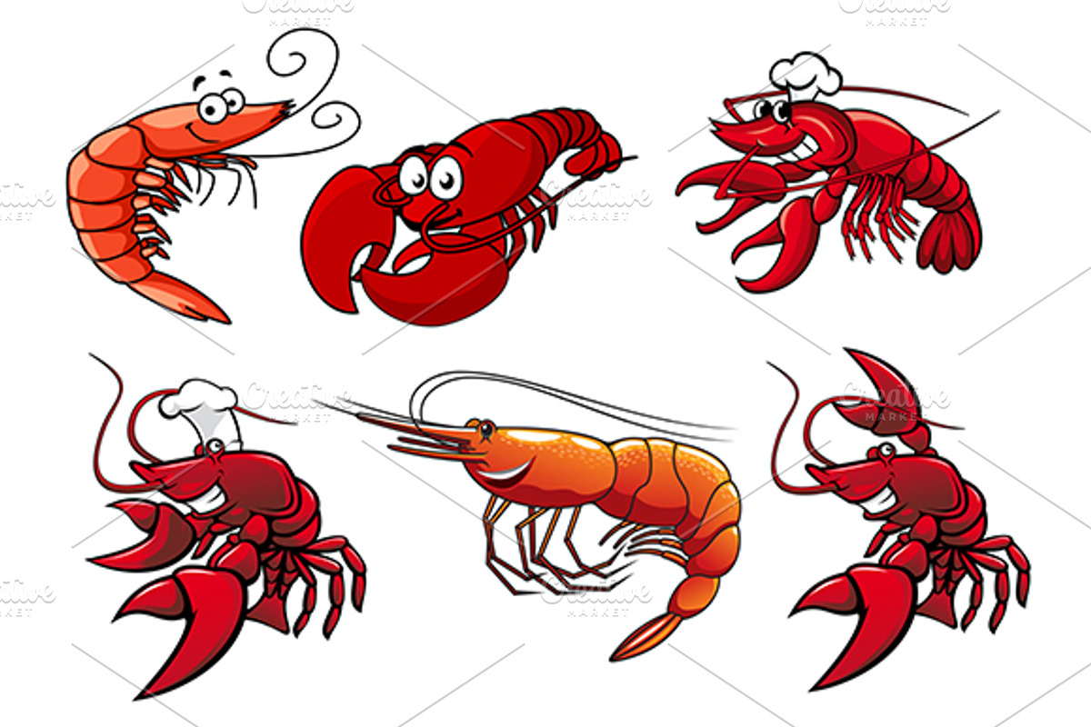 Seafood characters of shrimp, prawns, a Graphic by Vector Tradition