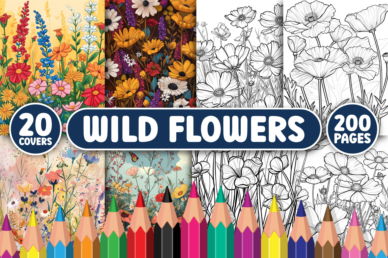 200 Wild Flowers Coloring Pages, an Illustration by BrightMart
