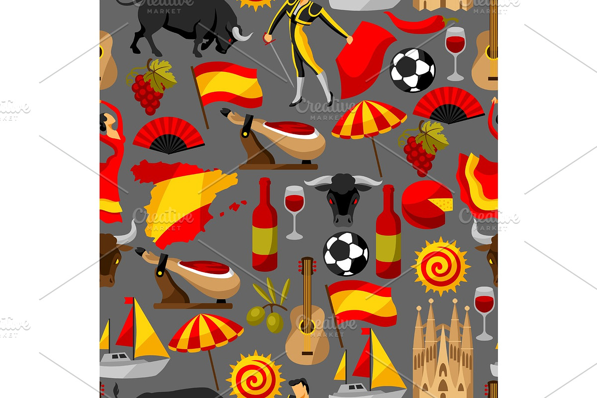 Spain seamless pattern. Spanish traditional symbols and objects, a ...