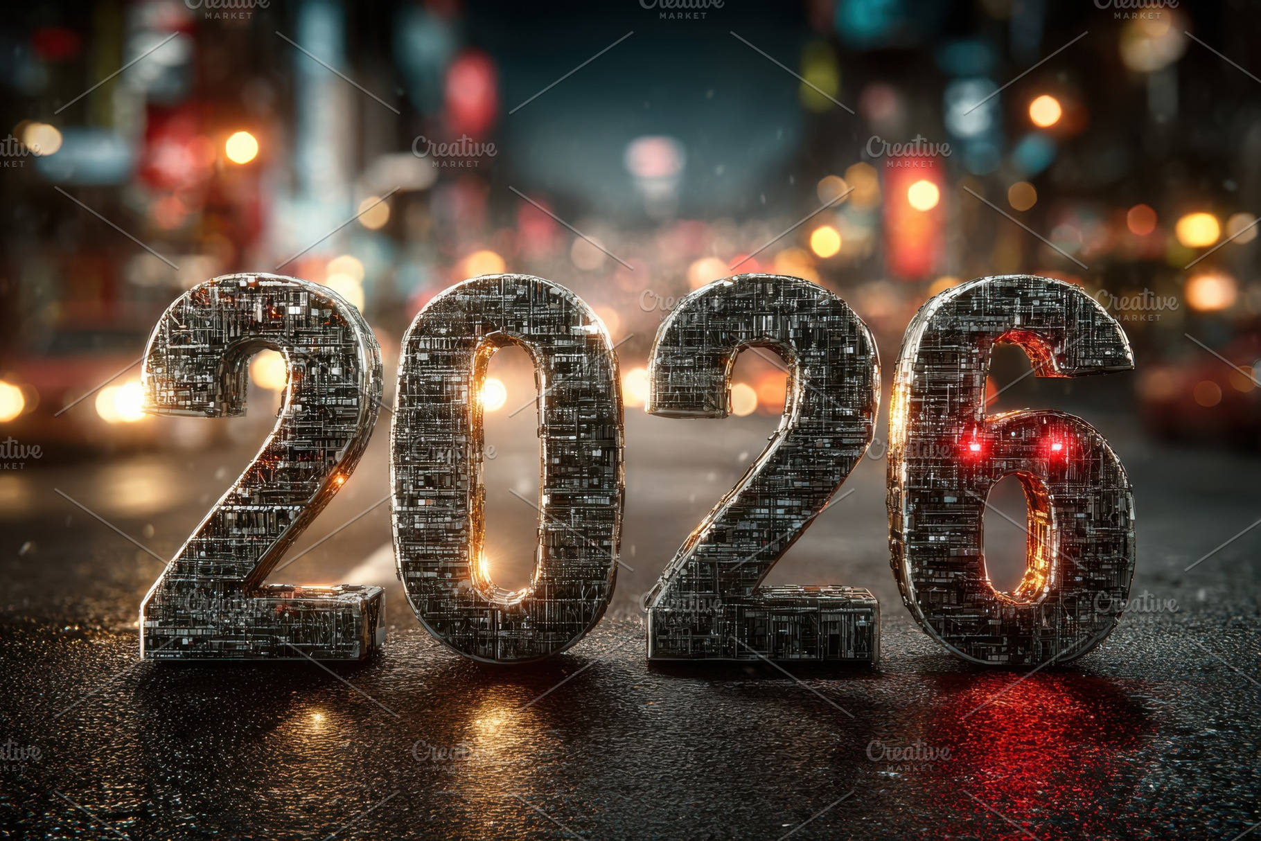 Futuristic 2026 New Year Cityscape D, a Photo by Pixeness Studio