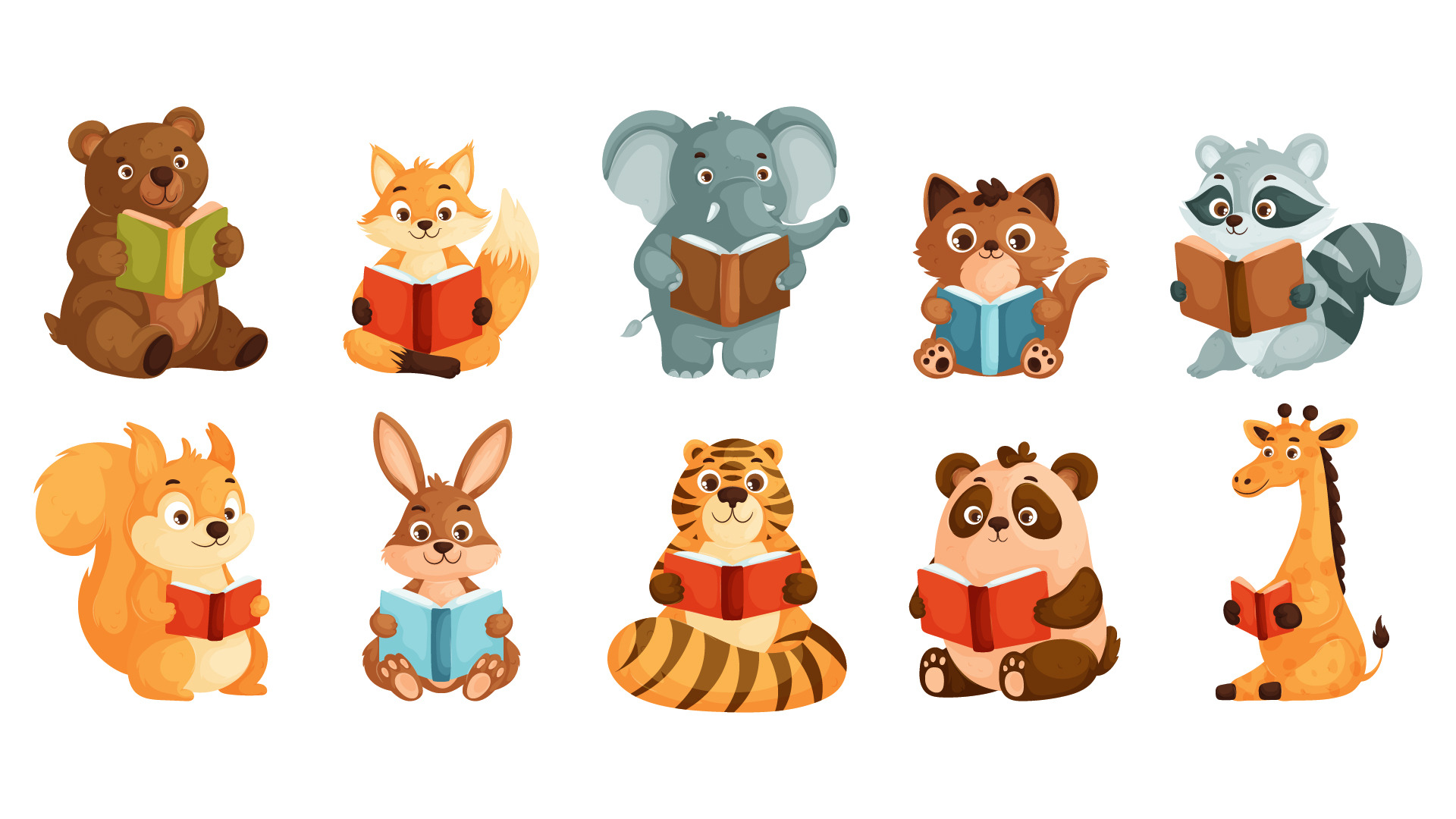 10 Adorable Cartoon Animals Reading, an Animal Illustration by JAVVANI