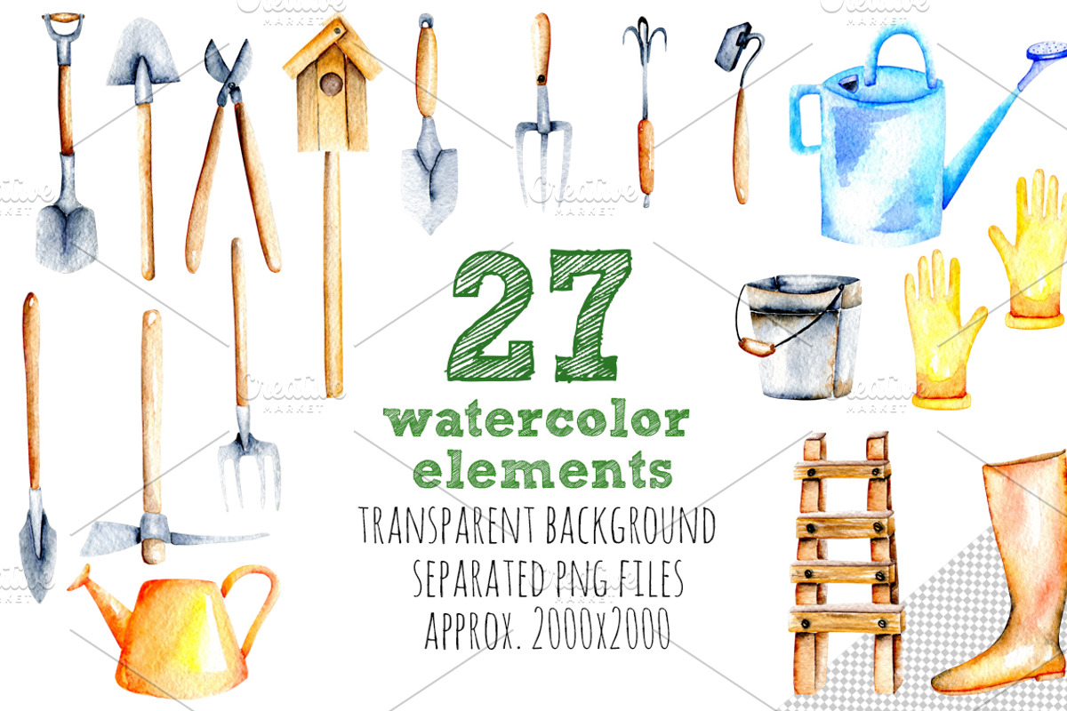 Garden tools Watercolor clip art, an Illustration by Skliarova