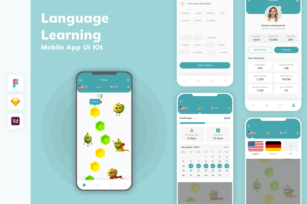 Language Learning Mobile App UI Kit, an UI Kit Template by uicube | Creative Market