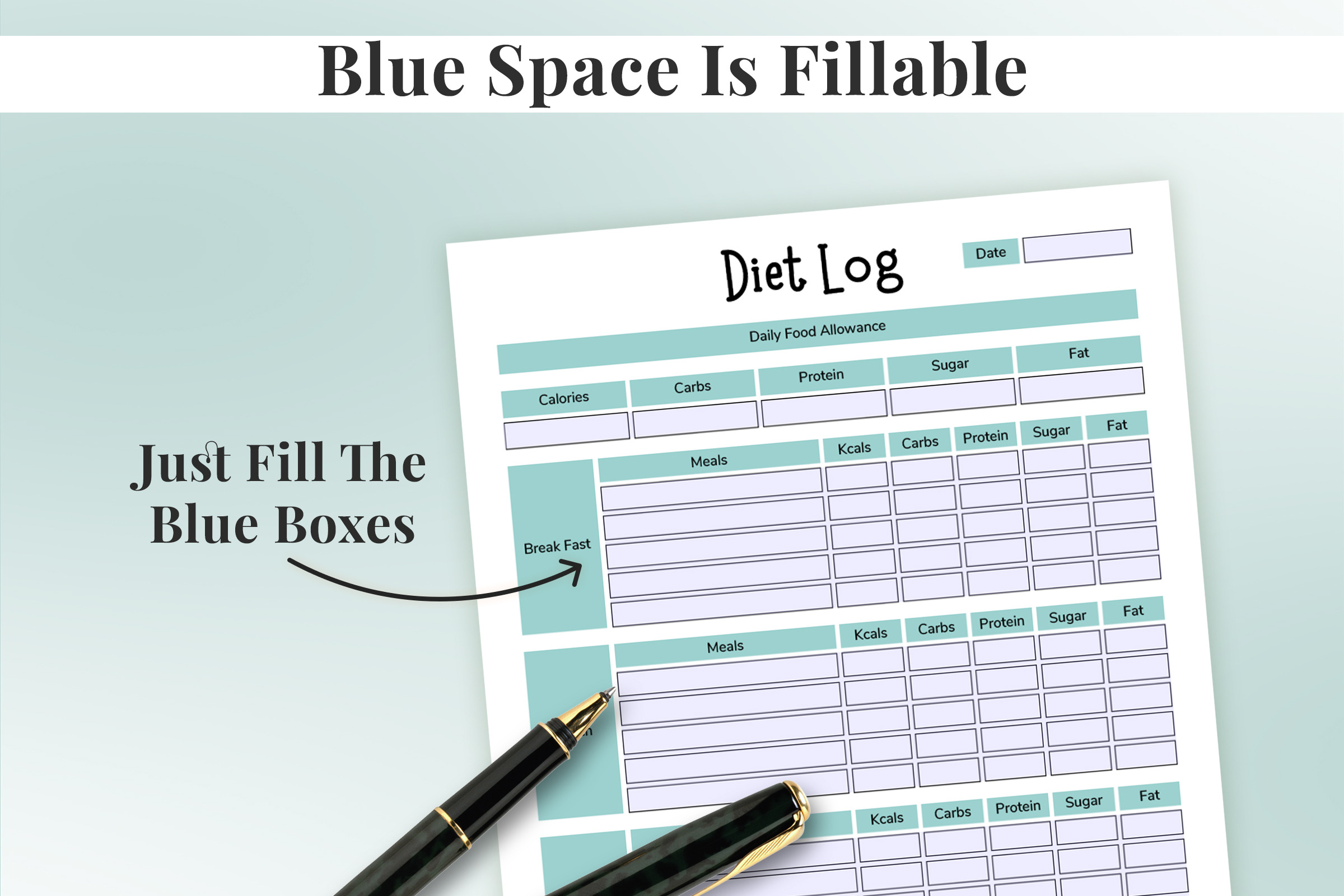 Minimal Diet, Food Log, Diet Planner, a Print Template by Snapybiz