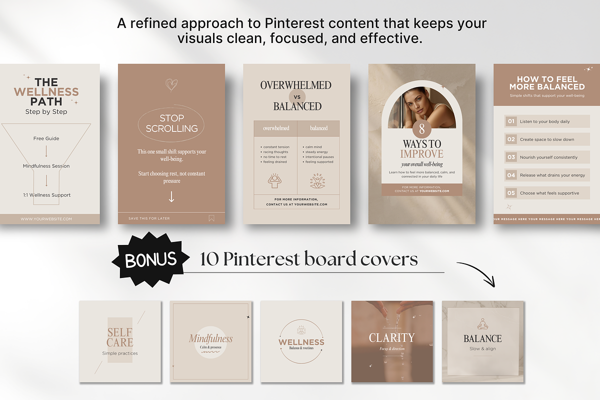 Wellness Pinterest Pin Templates Beige