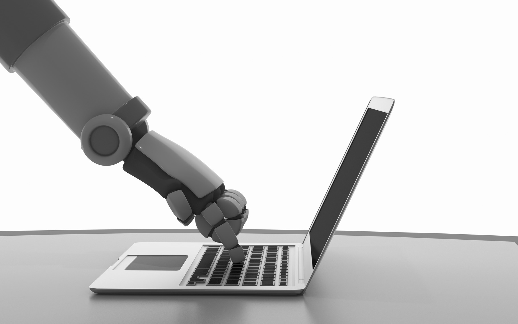 Robot using a computer isolated on white. Hand of artificial ...