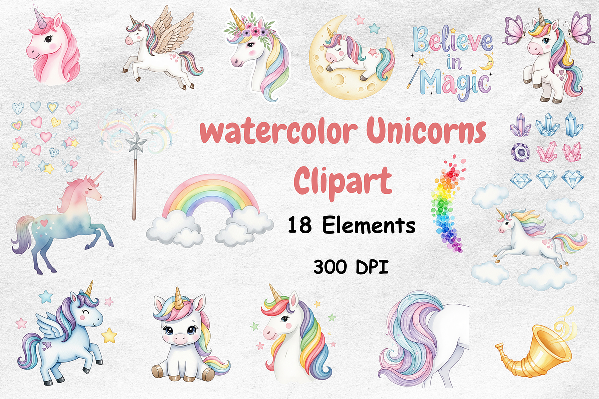 Watercolor Unicorns Clipart