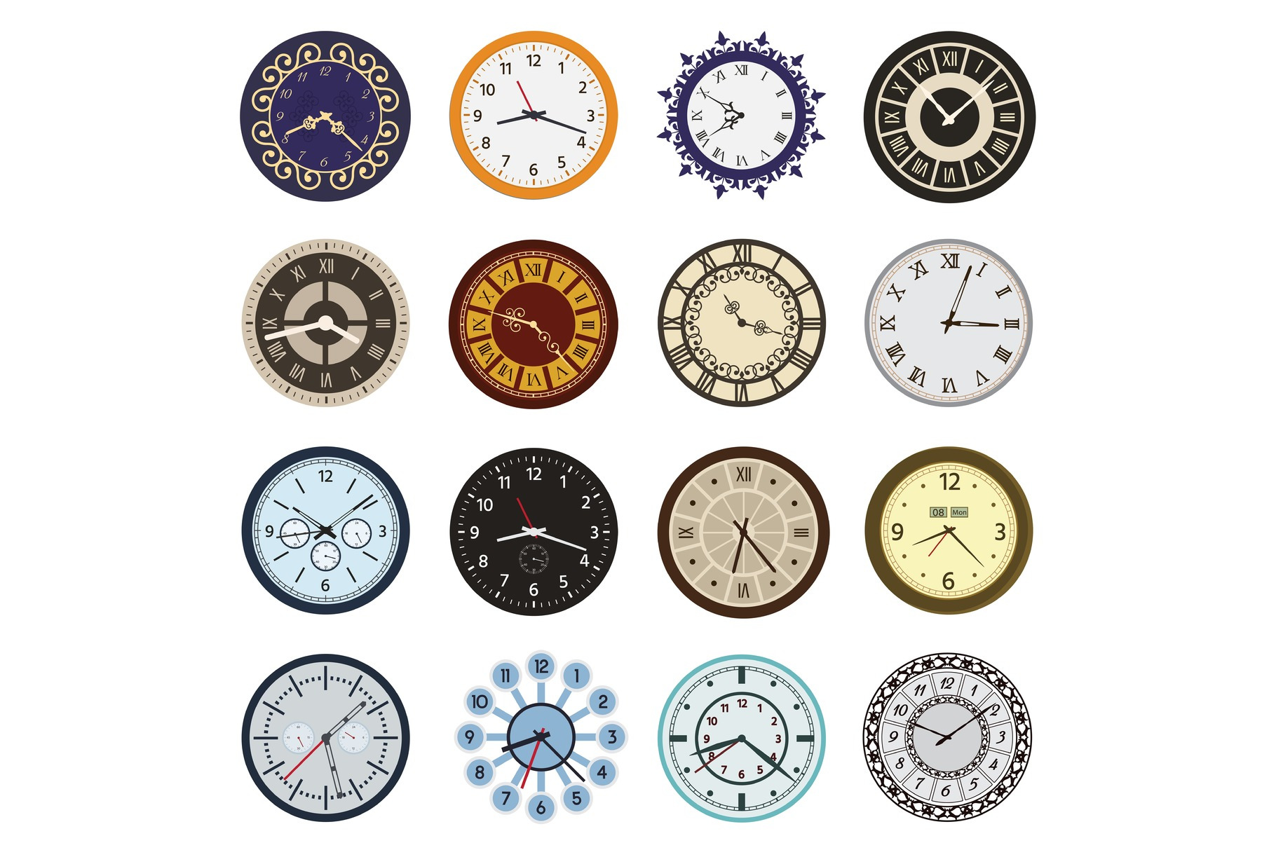Clock faces different design circle and arrows numbers index watch ...