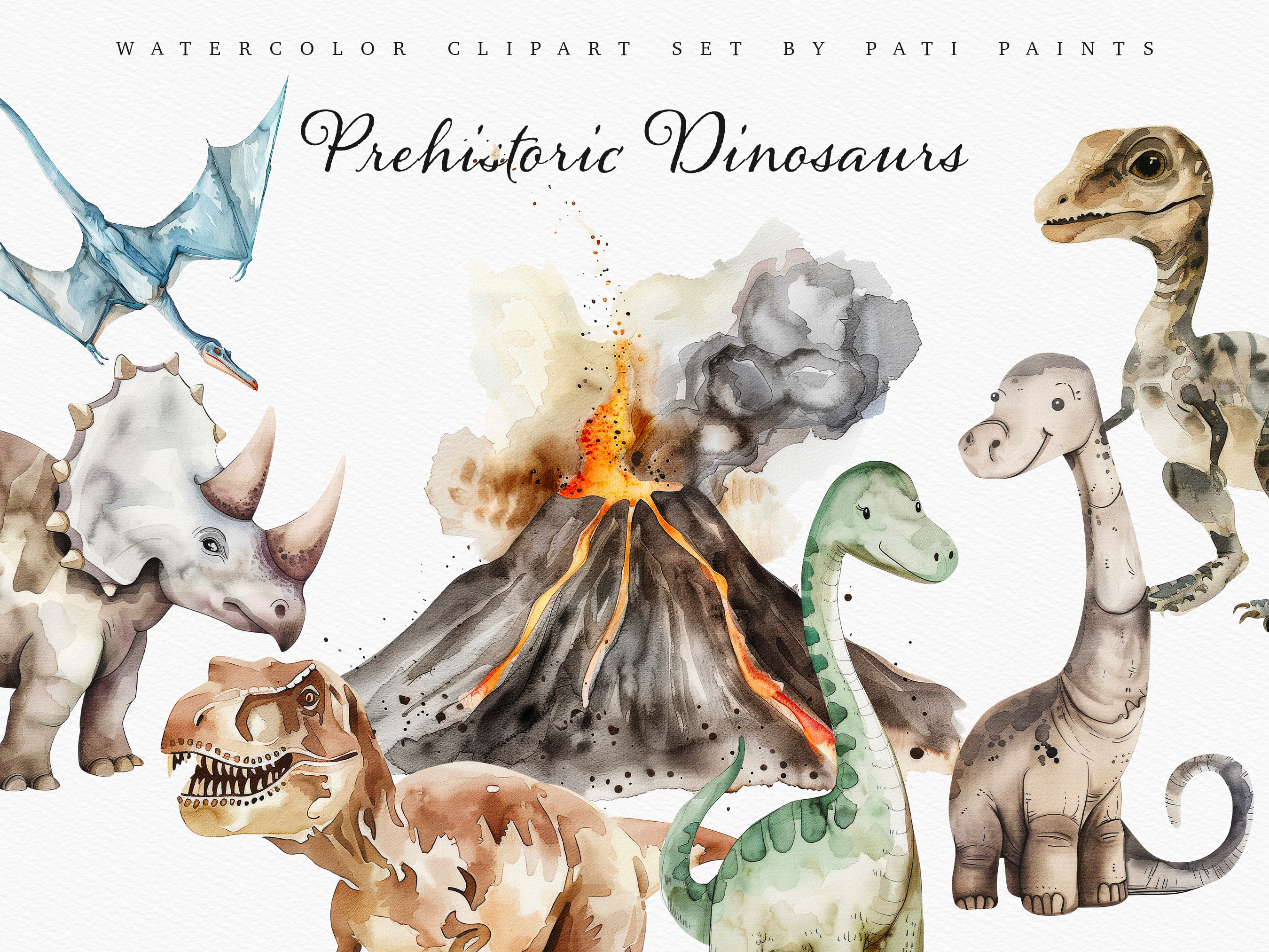 Watercolor Dinosaurs Clipart Bundle