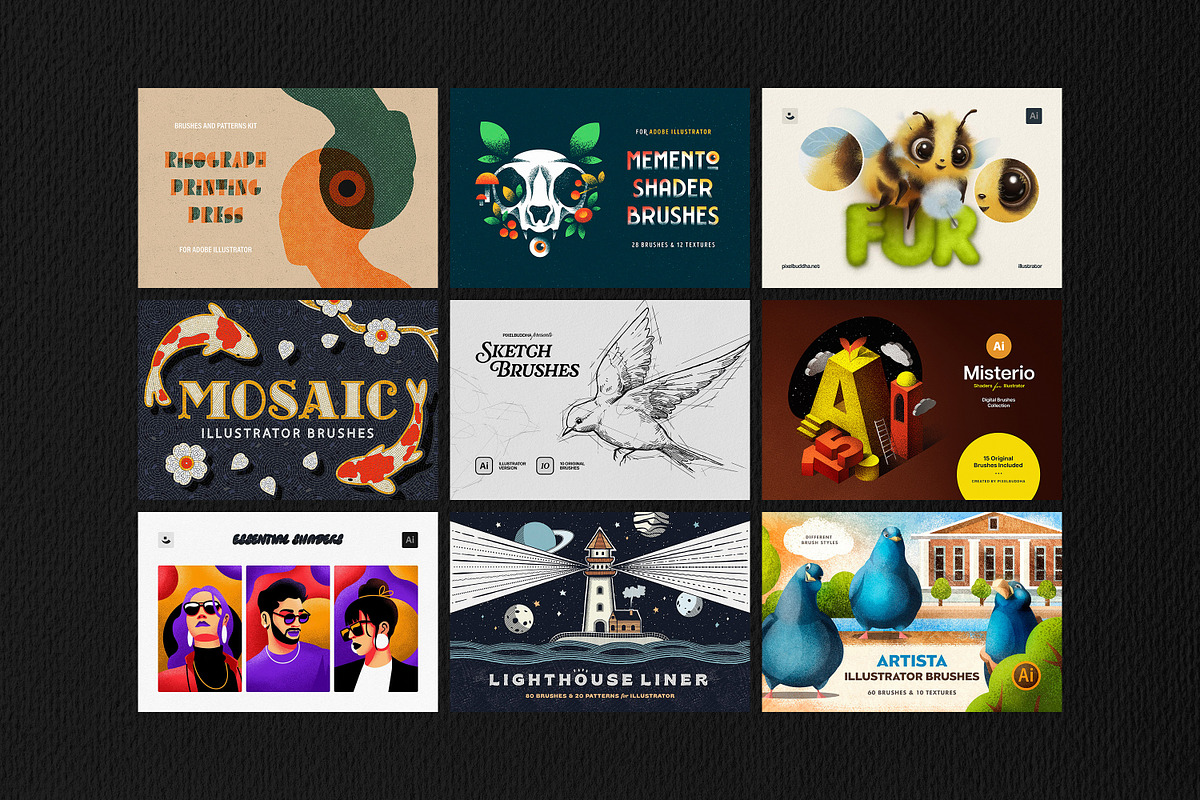 18-in-1 Illustrator Brushes Bundle, a Brush Add-On by pixelbuddha.net