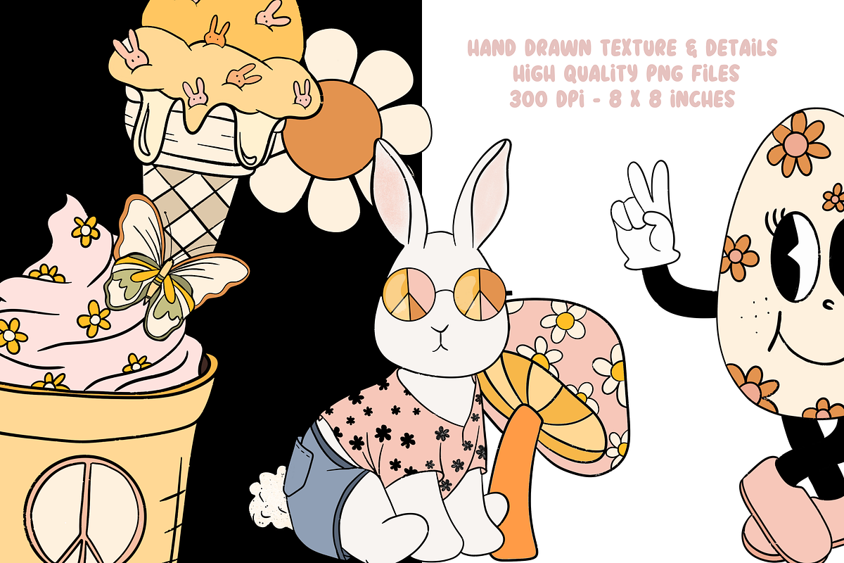 Retro Spring Groovy Easter Clipart, a Graphic by Murphy & Frank