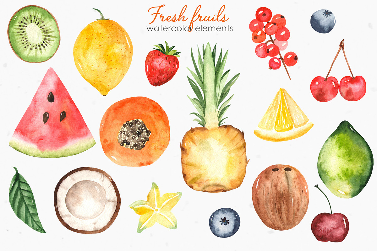 Fresh fruits Watercolor, a Food Illustration by Marina Ermakova