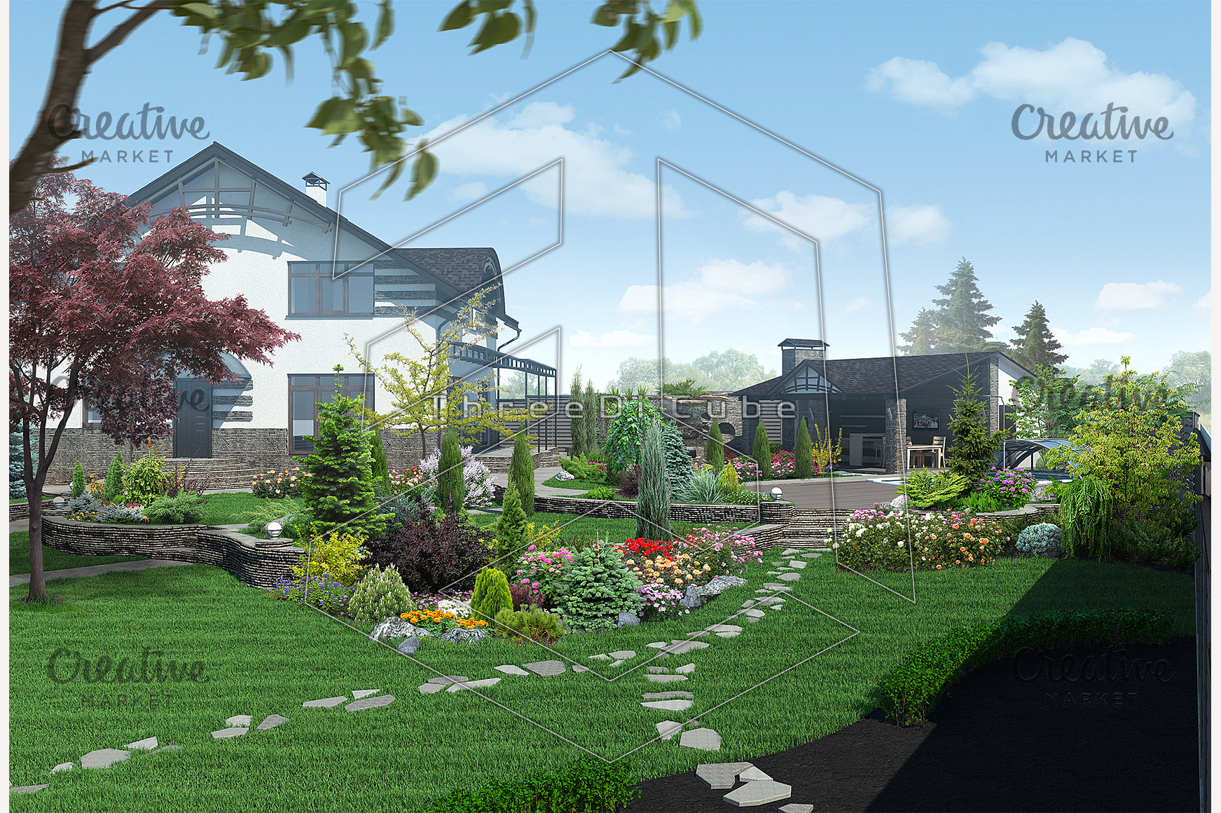 Landscaping garden panorama, an Illustration by ThreeDiCube