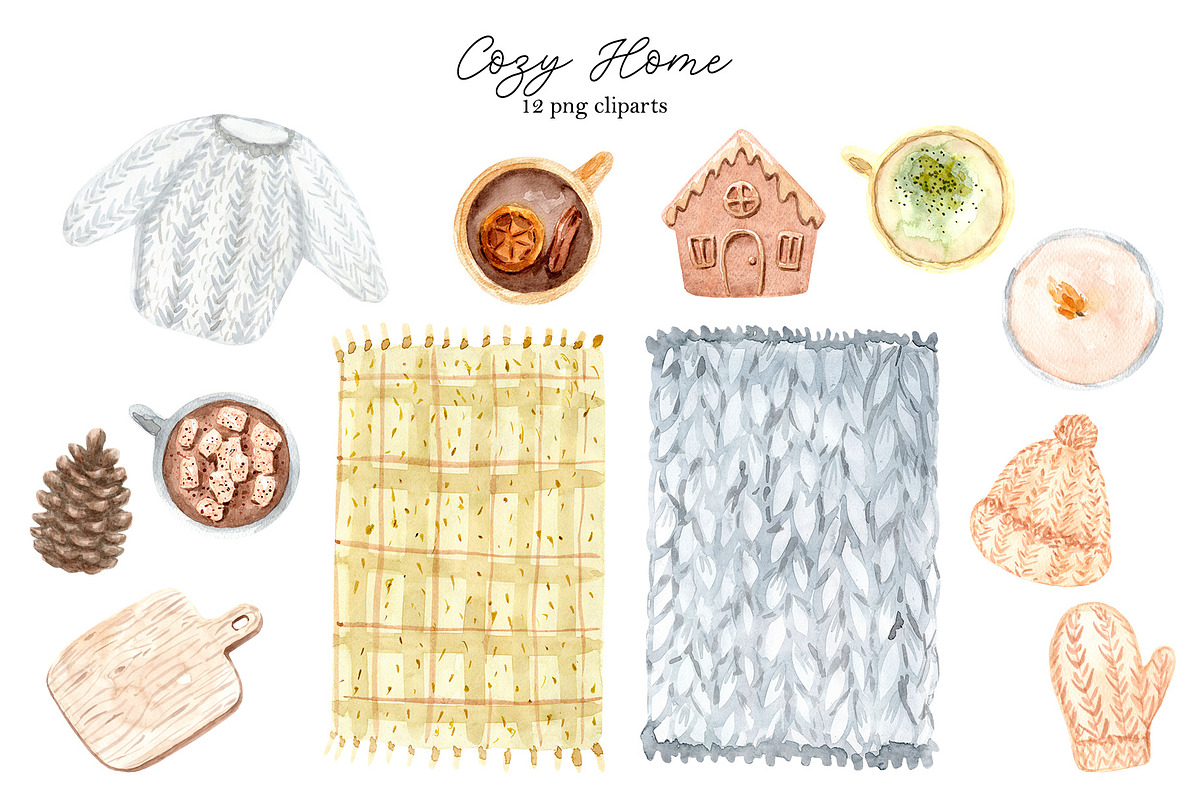 Watercolor Cozy Home. Clipart Set, an Object Graphic by Slastick