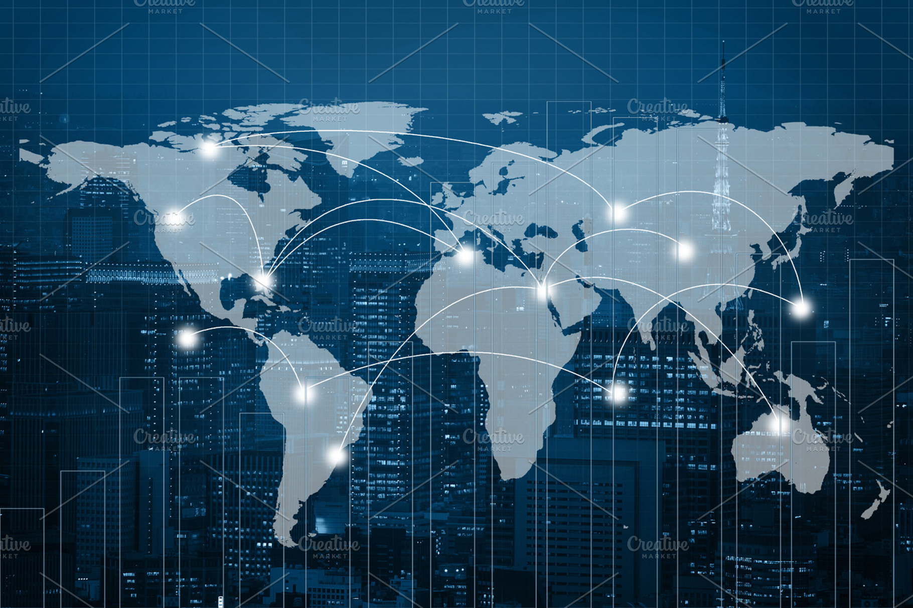 World map business connection containing accounting, analysis, and ...