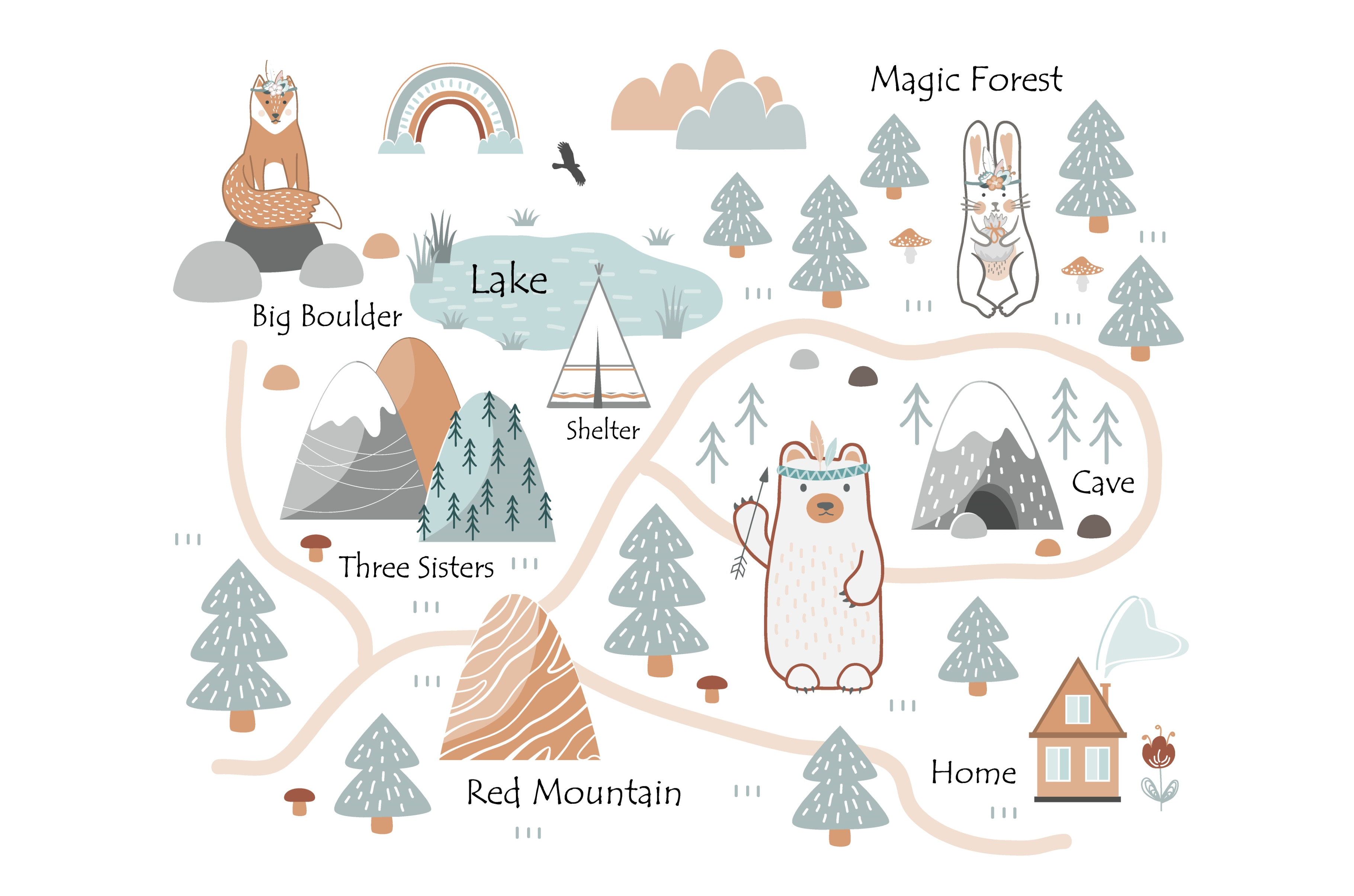 Kids adventure map with cute animals, an Animal Illustration by Toltemara