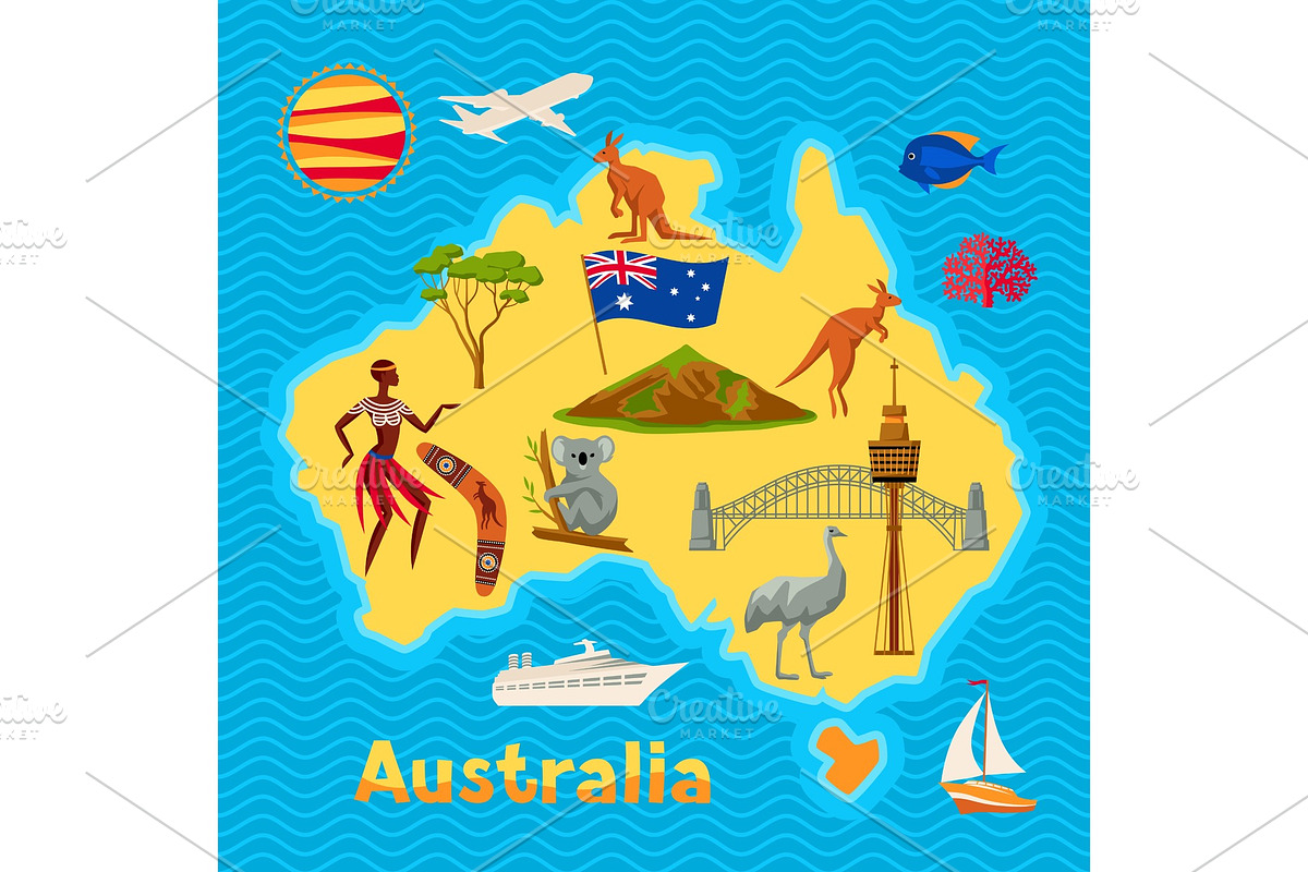 Australia map design. Australian traditional symbols and objects, an ...