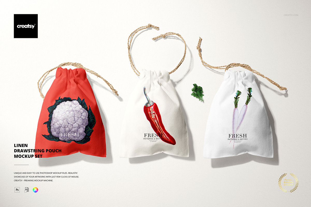 Linen Drawstring Pouch Mockup Set, a Product Mockup by creatsy5