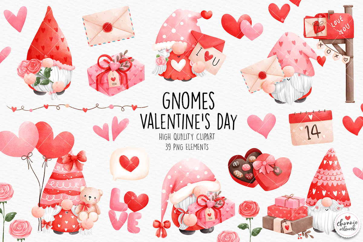 Valentines Gnome clipart, Valentine, an Illustration by Chonnieartwork