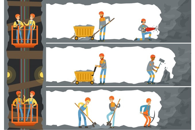 Coal industry, mine with many levels, workers, lift and appliances ...