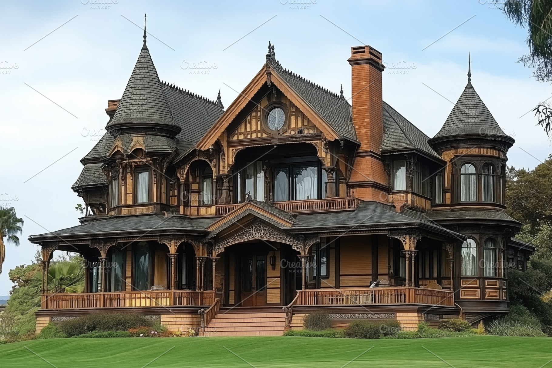 A grand Victorian-style Queen Anne house style mansion featuring ...
