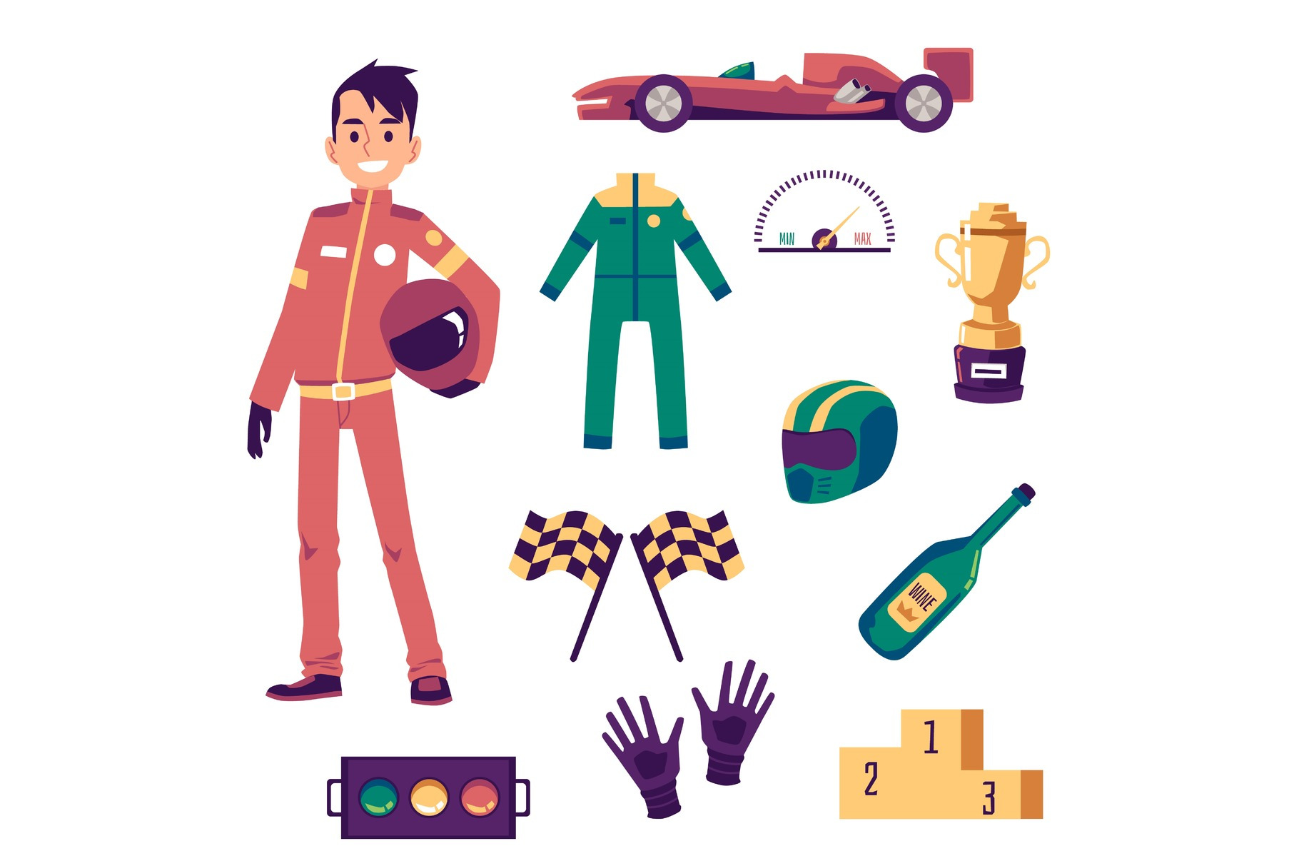 Set car racing icons or symbols with, a Person Illustration by Sabelskaya