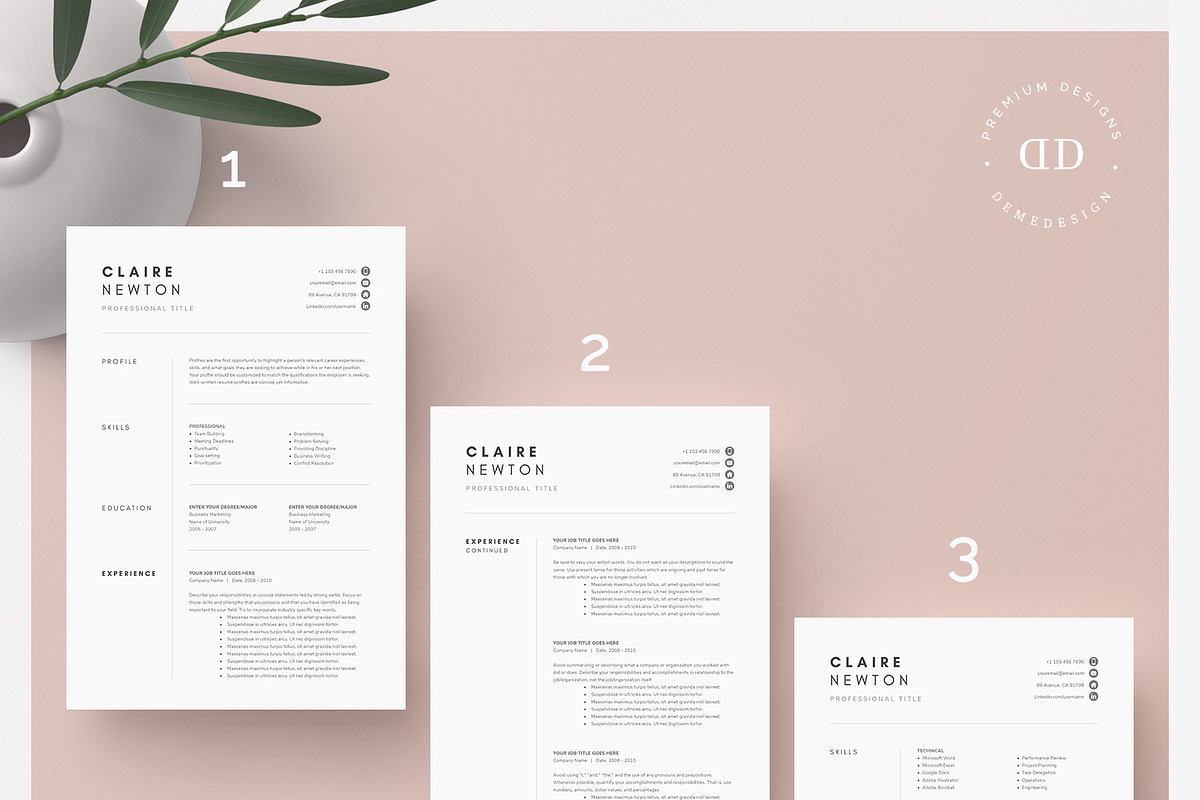1, 2 and 3 Page Word Resume Template, a Resume Template by DemeDesign
