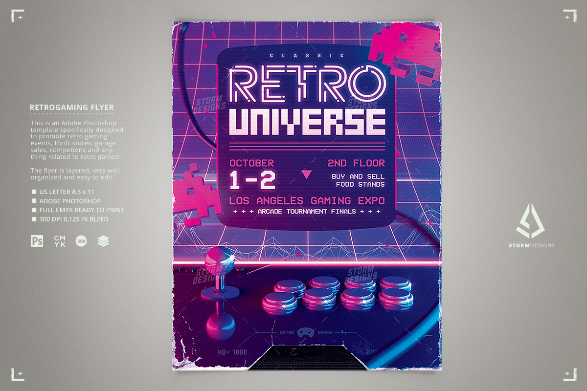 Retro Gaming Flyer 1980s Gamers, a Flyer Template by Storm Pixels