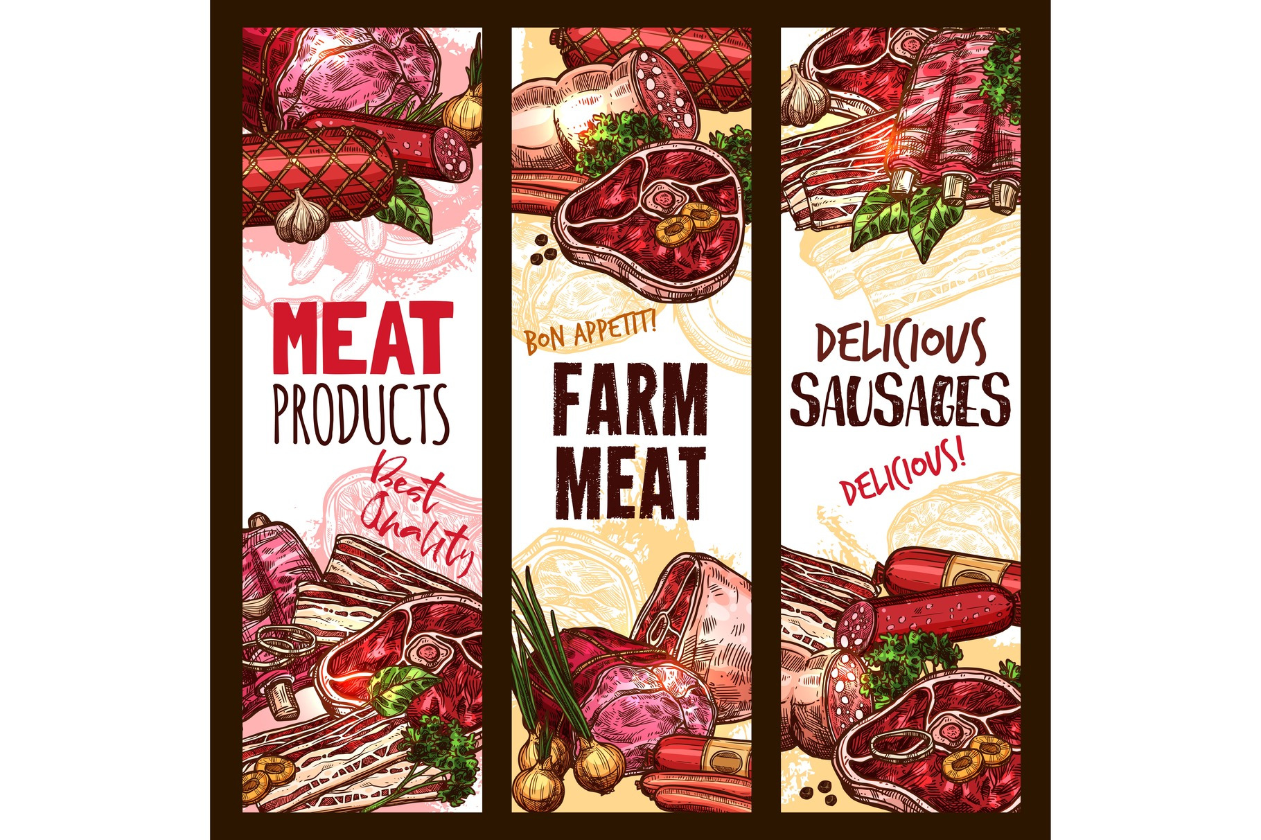 Vector sketch meat farm product banners | Food Illustrations ~ Creative ...
