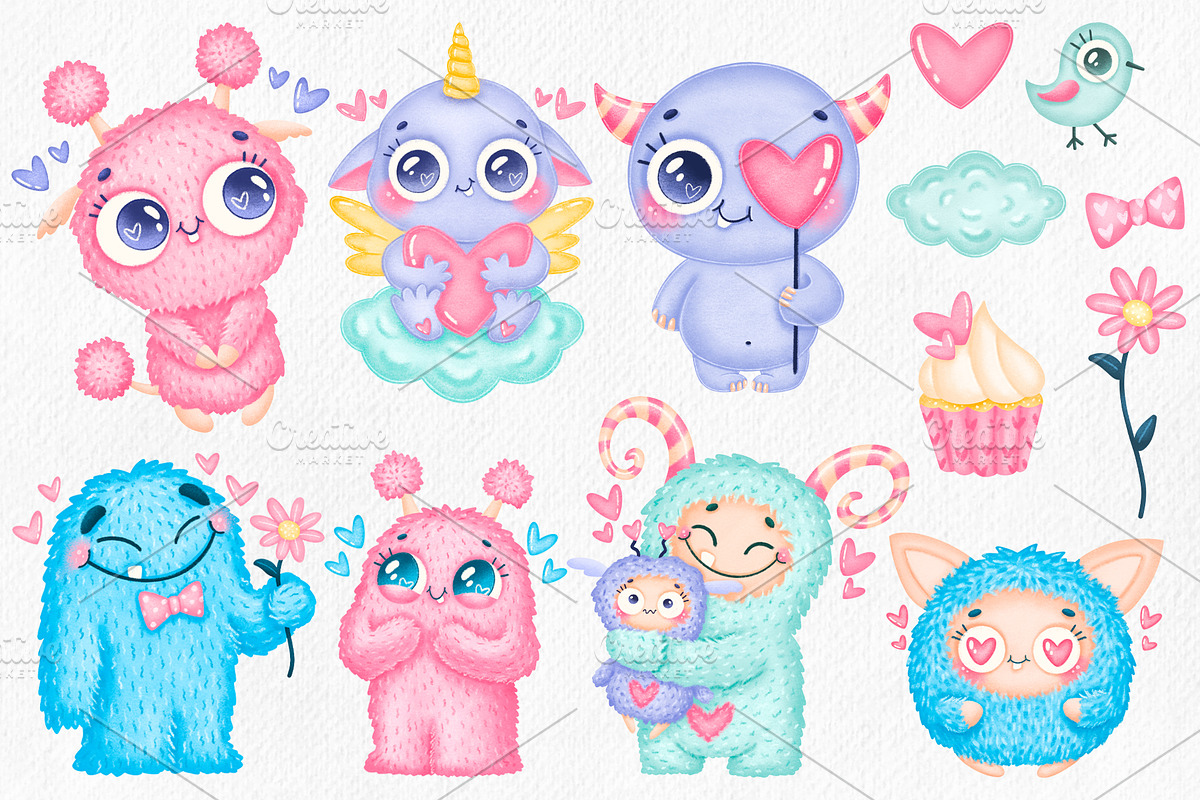 Valentine's Day Monsters Clipart, an Illustration by BonbonnyDesigns ...