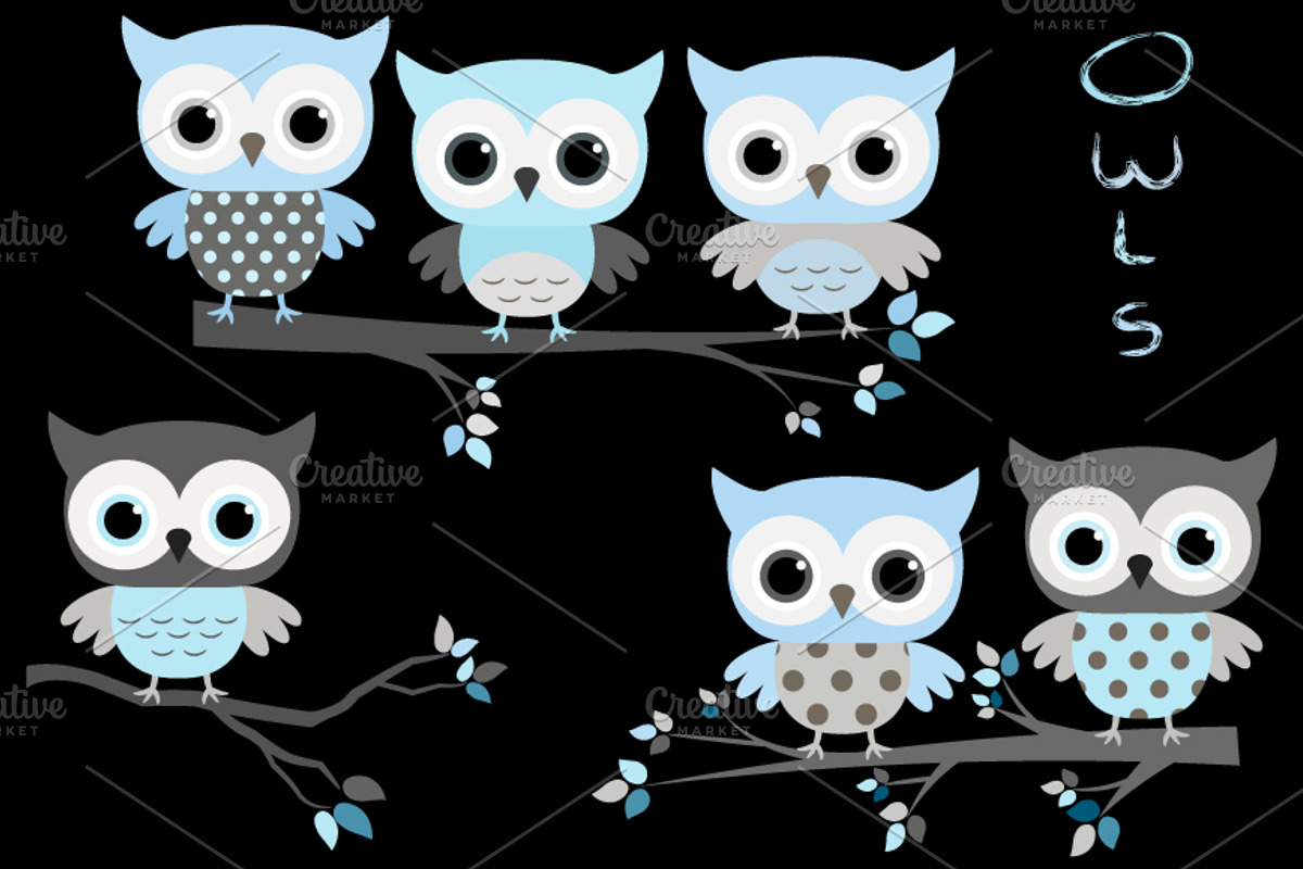 Cute blue and grey owls clip art set, an Animal Illustration by ...
