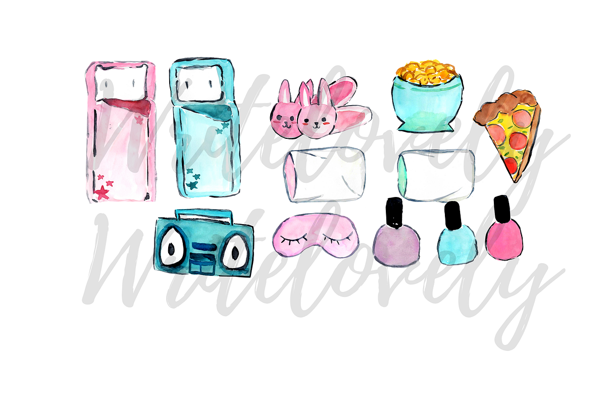 Watercolor slumber party clipart, an Illustration by Writelovely