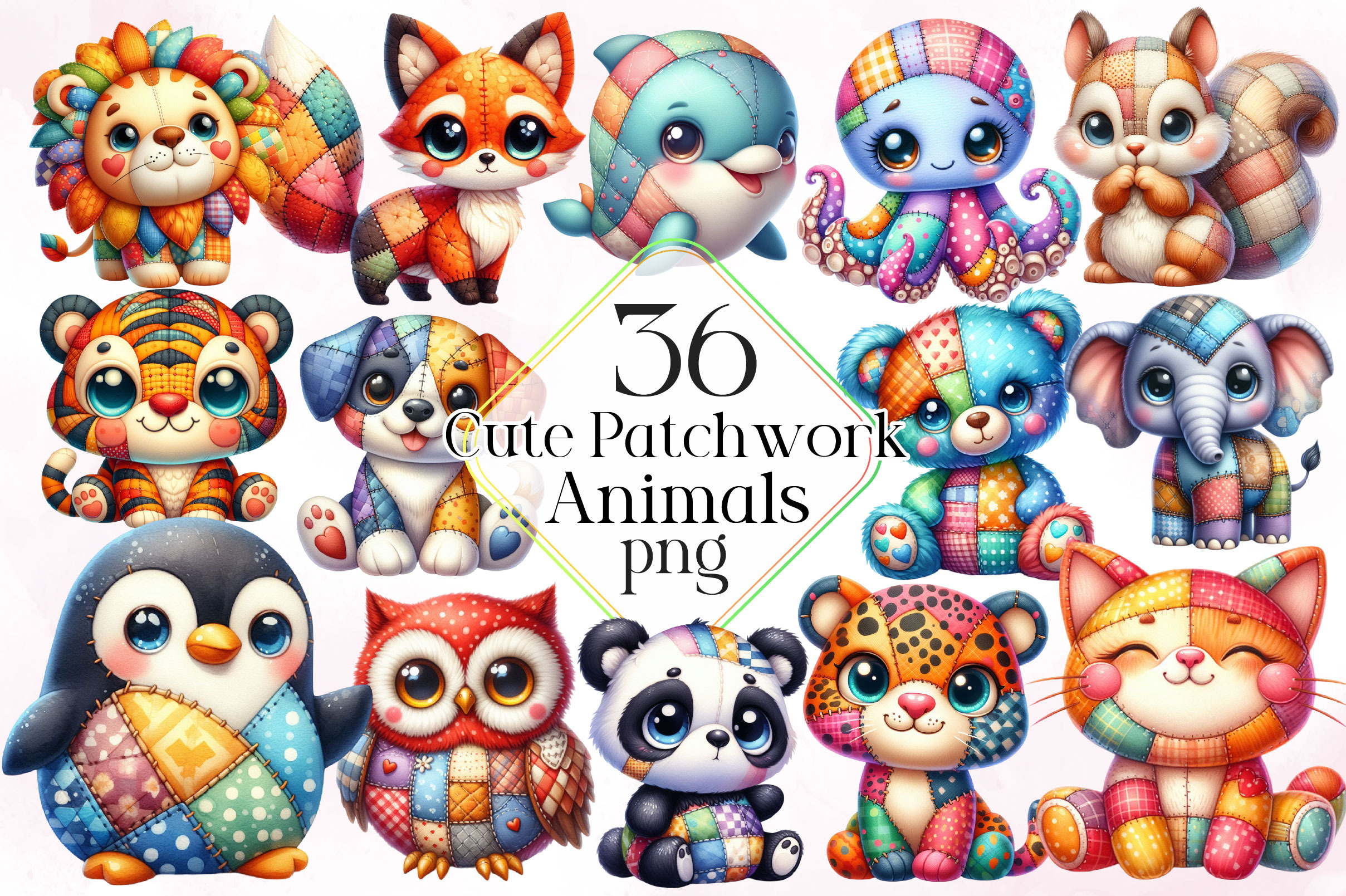 Cute Patchwork Animals Clipart PNG, a Work Illustration by Dream ...