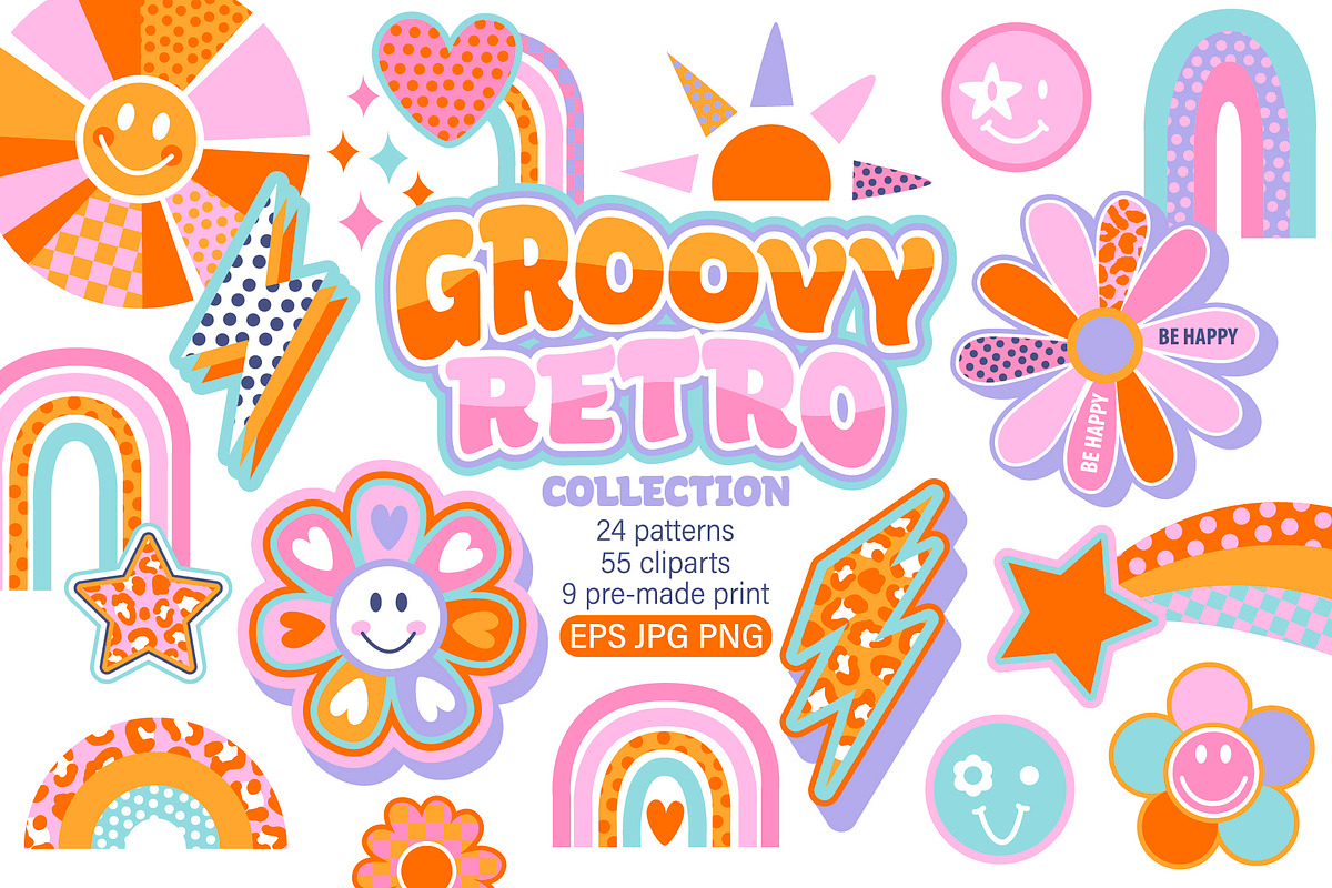 Groovy retro collection of stickers, an Object Illustration by Artlavi_design | Creative Market