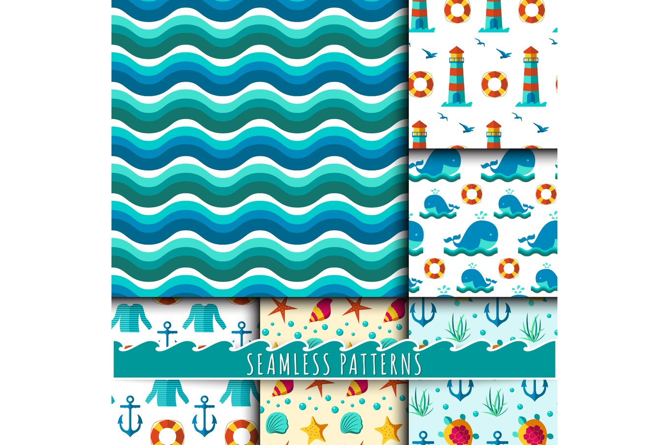 Seamless vector patterns with nautical elements wave marine collection ...