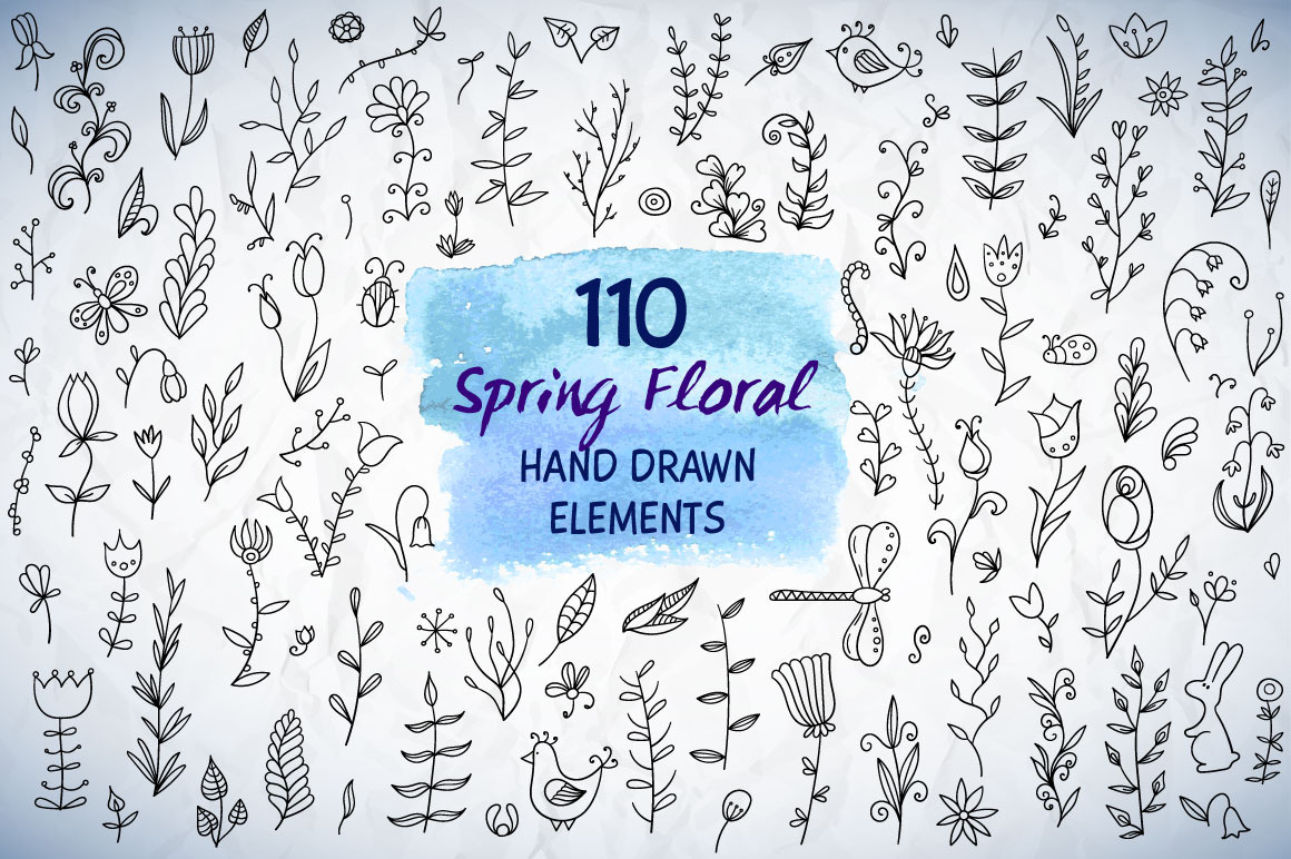 110 Spring Floral HandDrawn Elements, an Illustration by Elena Elvetica