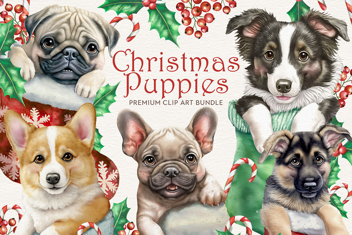 Christmas Puppies Clipart, an Animal Illustration by Clip Art by Elise M