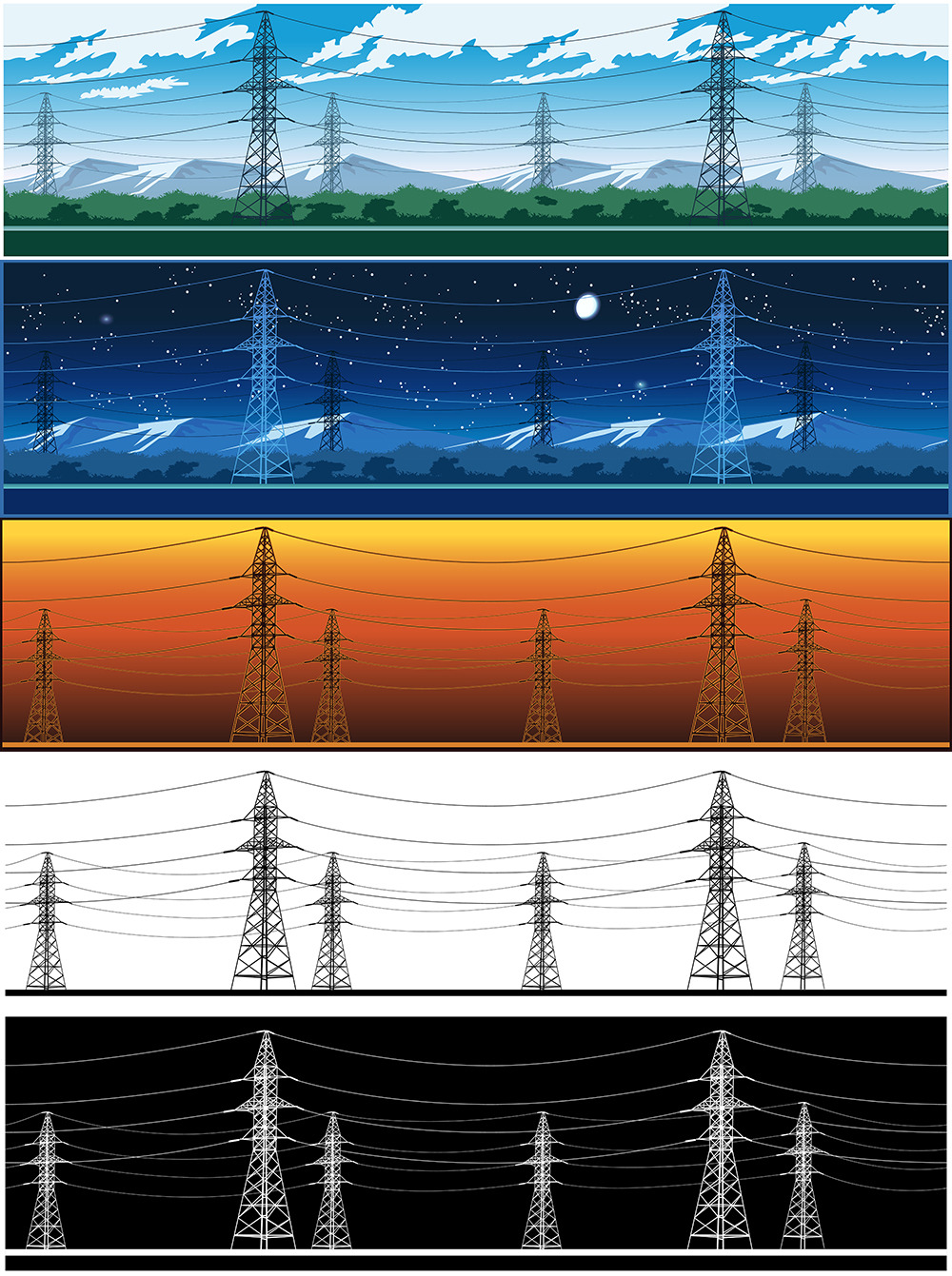 High voltage power lines Set, a Technology Illustration by Blacklight