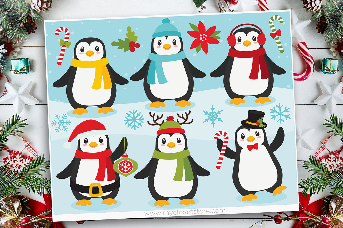 Christmas, Wintery Penguins Clipart, a Seasonal Illustration by ...