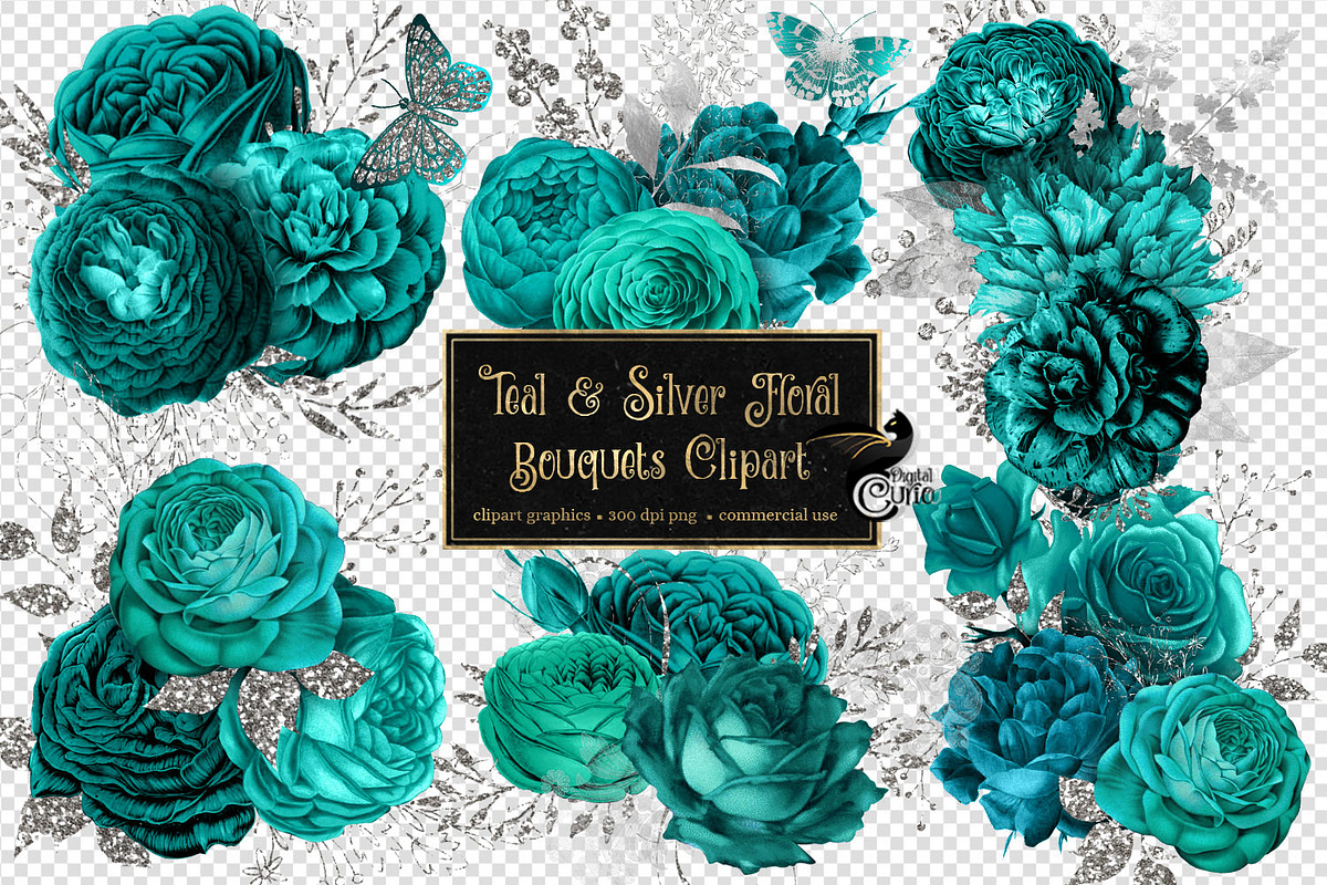 Teal and Silver Floral Clipart, an Illustration by Digital Curio