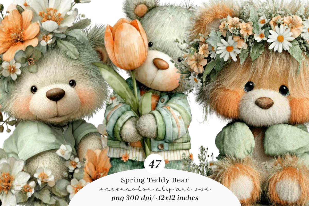 Spring Teddy Bear Clipart Set Bundle, an Illustration by SinaCreation