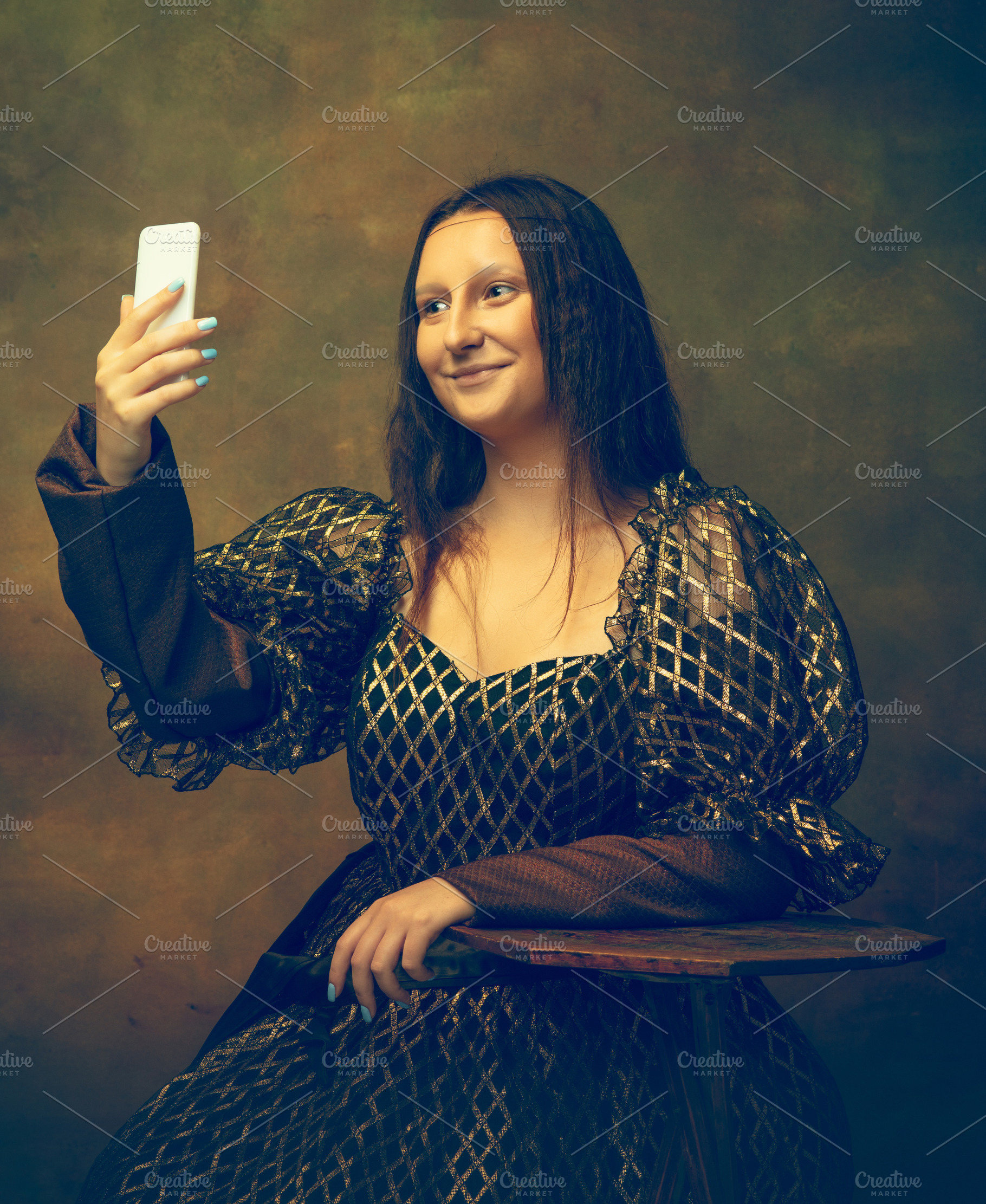 Young woman as mona lisa on dark bac featuring background, retro, and ...