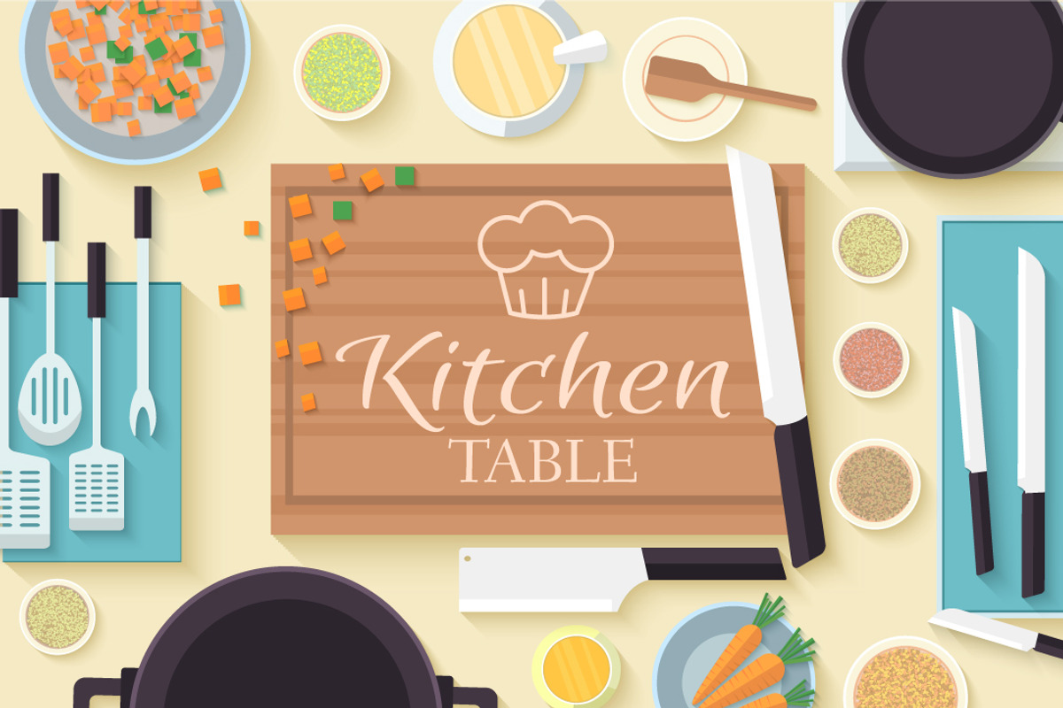 Flat kitchen table vector concept, a Food Illustration by LineTale